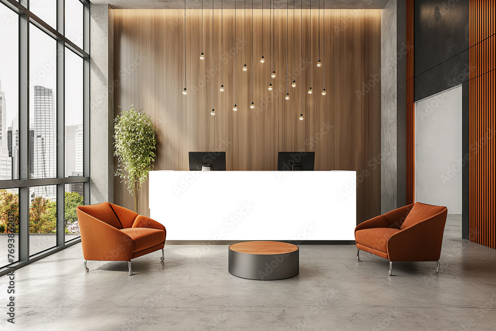White reception desk in a modern room with tropical plants. Reception ...