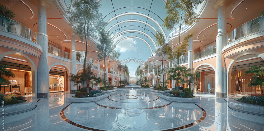 The central plaza of a commercial street. The plaza is circular and ...