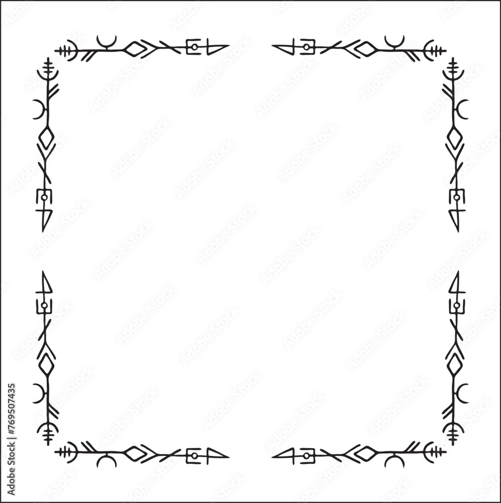 Elegant black and white ornamental frame with Viking runes, decorative ...