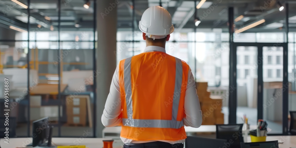 Craft an image featuring a construction worker from behind in ...