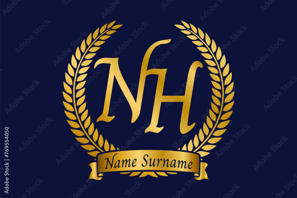 Initial letter N and H, NH monogram logo design with laurel wreath. Luxury golden calligraphy ...