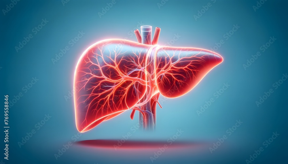 a liver with a glowing outline and detailed vascular structure set ...