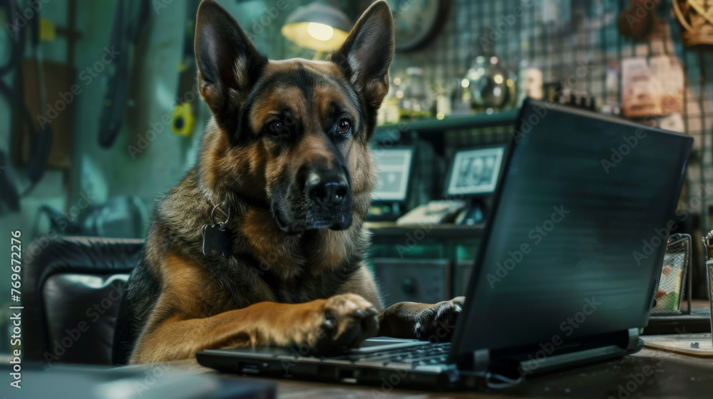 A German Shepherd dog wearing a professional suit sits at a tidy desk ...