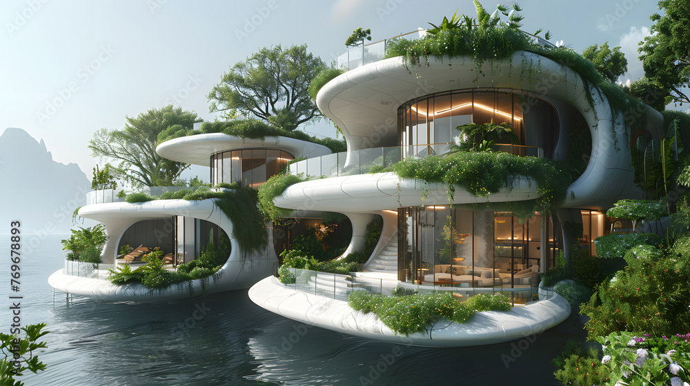 Sustainable architecture merges with nature, featuring buildings with ...