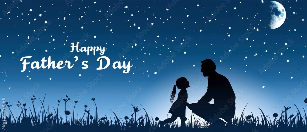 happy father playing with his daughter under the moonlight, with a ...