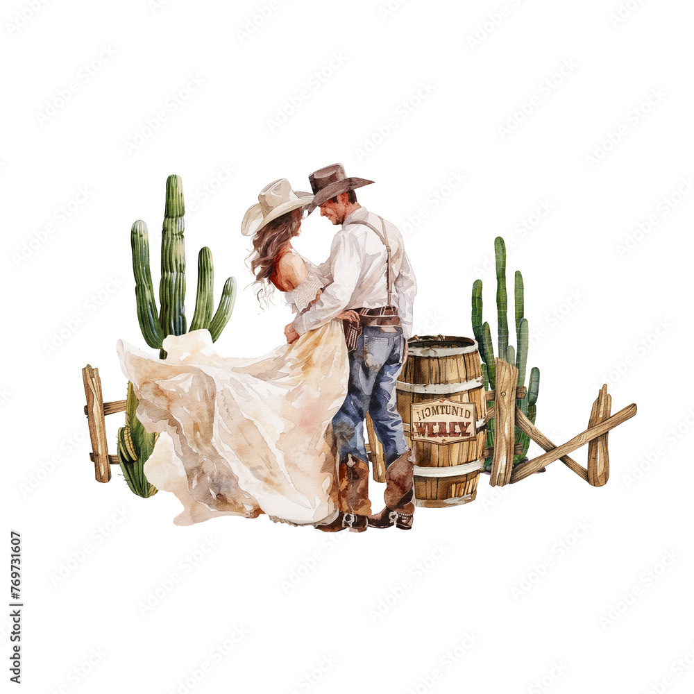 Watercolor wild west set. Beautiful western wedding with cowboy, girl ...