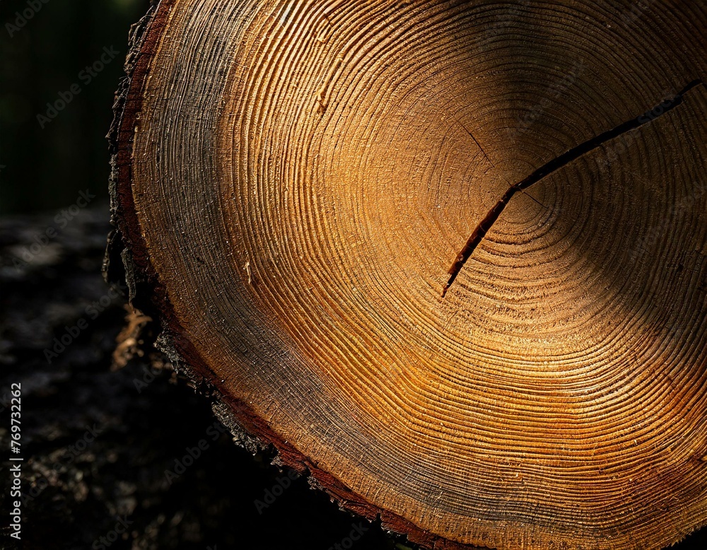 The rugged texture of a pine tree cross-section, where the dark, dense ...