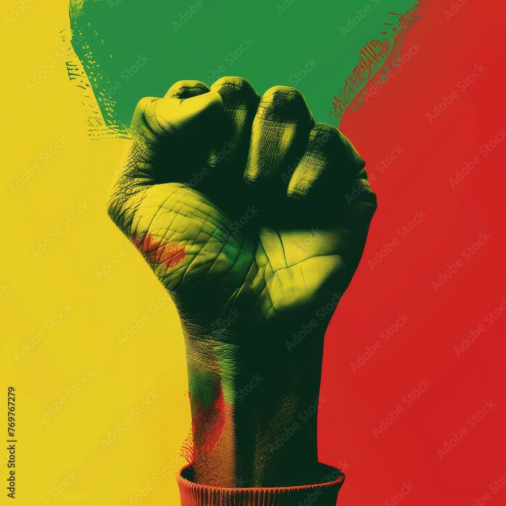 Graphic illustration of a clenched fist in Rastafarian colors for ...