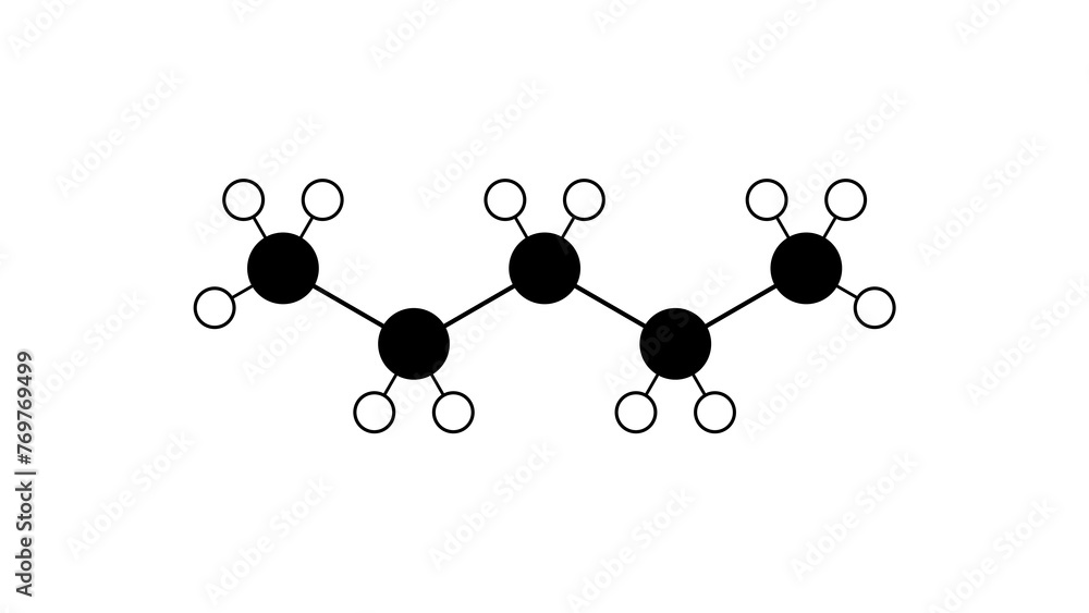 pentane molecule, structural chemical formula, ball-and-stick model ...