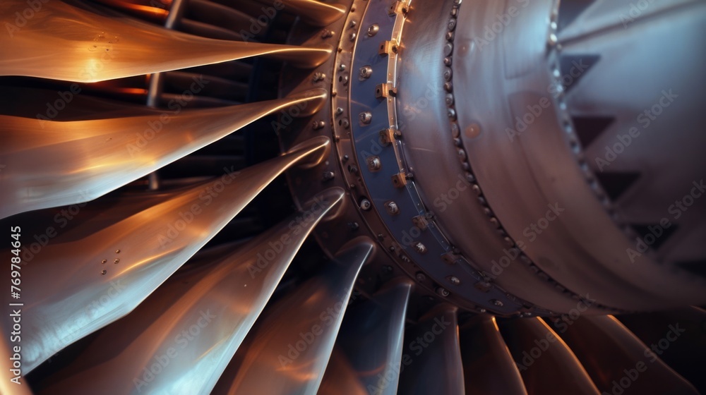 Aircraft jet engine mechanisms with focus on turbine blades Stock Photo ...