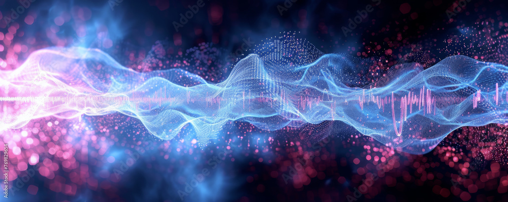 Illustration Stock Vibrant digital wave of blue and pink particles, simulating an abstract audio ...