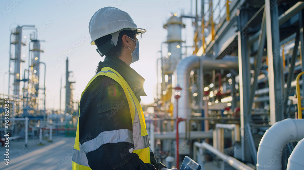engineer wear safety helmet during work in chemical petrochemical ...