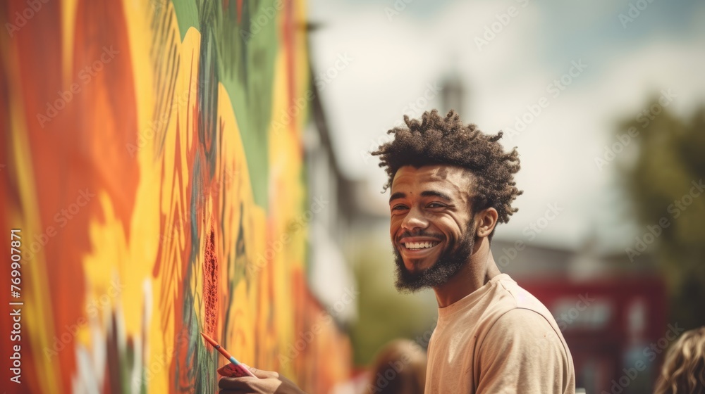 Happy male artist painting a colorful mural on a wall with a paintbrush ...