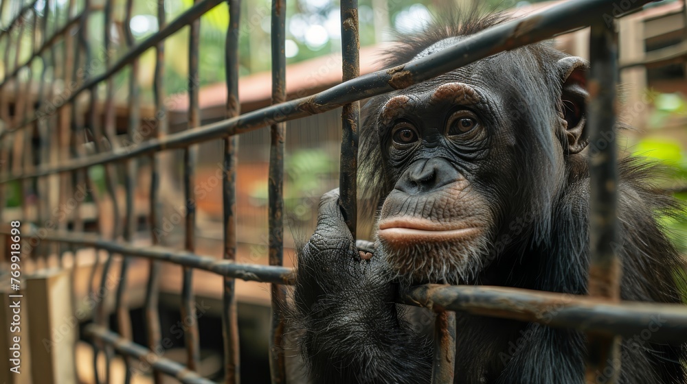 A poignant moment as a captive chimpanzee gazes through the enclosure ...