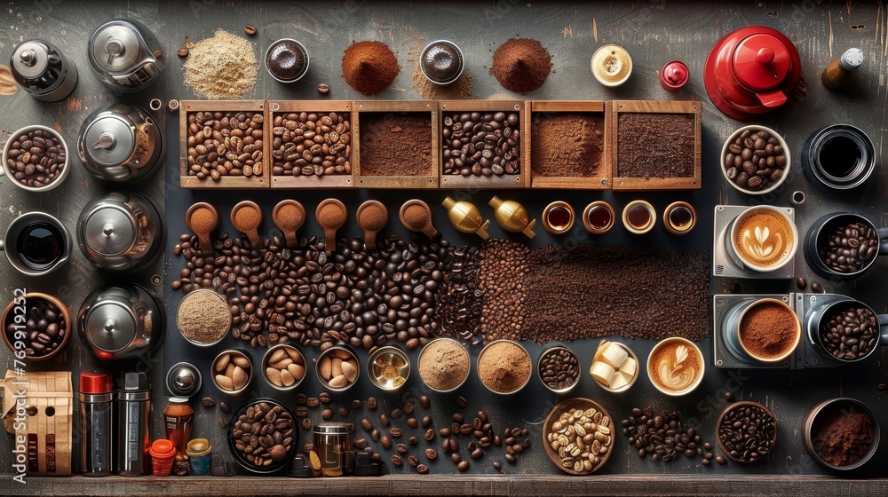 An elaborate spread showcasing various stages and forms of coffee, from ...