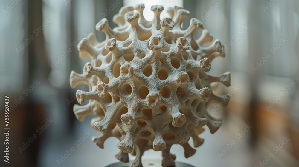 This is a 3D printed educational model of a coronavirus, intricately designed to represent the ...