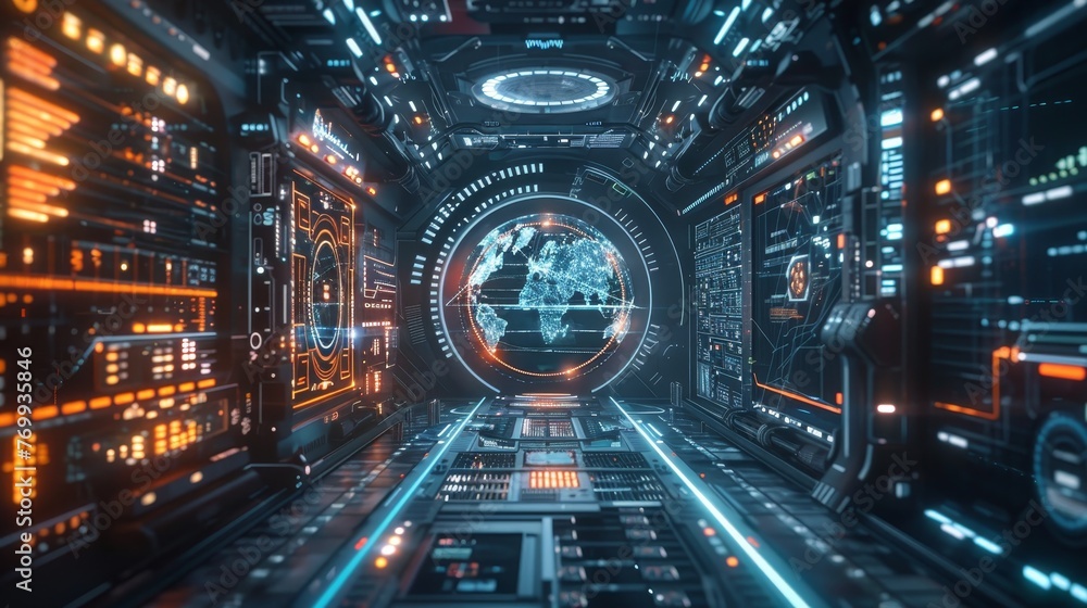 Inside a spacecraft's command center, a central holographic display of ...