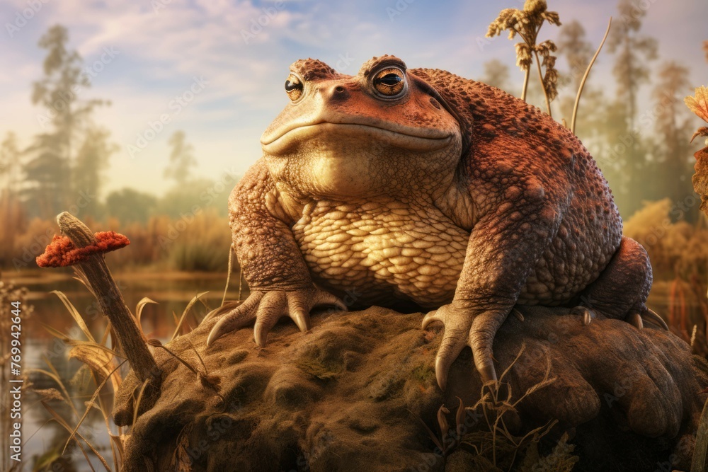 Giant toad sitting on mushroom in swamp Stock Illustration | Adobe Stock