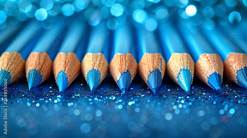 Row of sharpened blue pencils on glittery background, with a focus on ...