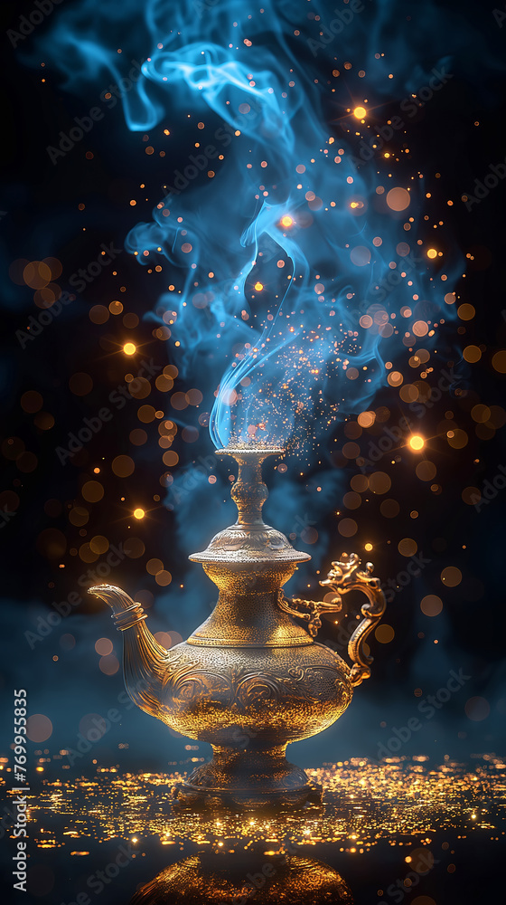 Aladdins mysterious lamp with glowing fire and gold sparkles on magic ...