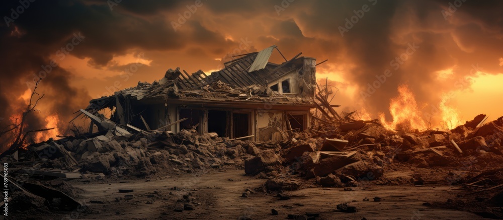 A house is on fire, with flames engulfing the structure and billowing ...