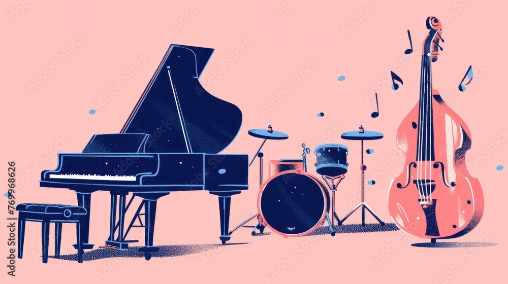 Music background with instruments. Blue musical instruments on a pink ...
