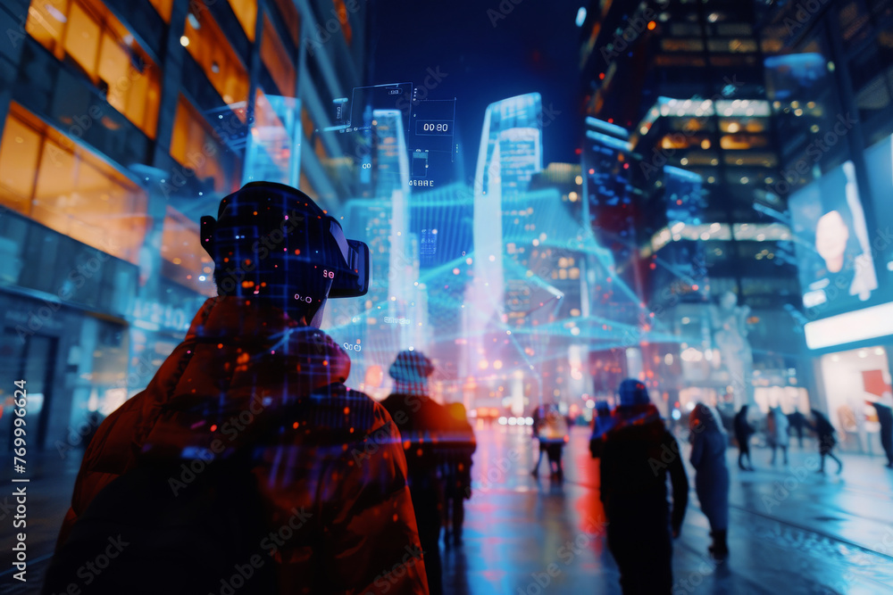 Person wearing VR headset on city street with futuristic digital ...