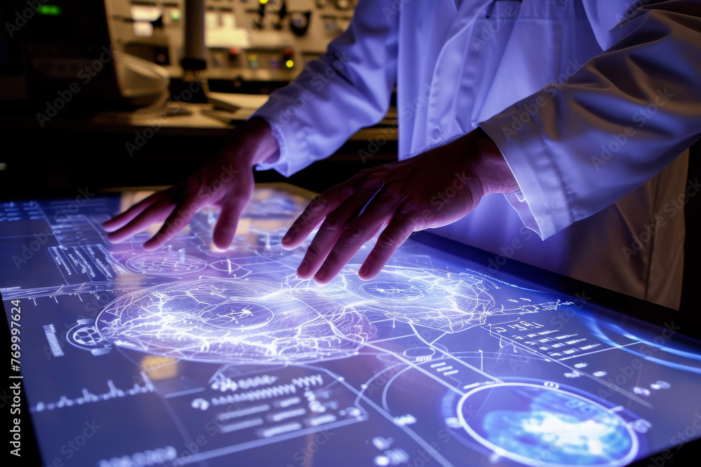 researcher interacts with ophisticated digital blueprint on interactive table, symbolizing ...