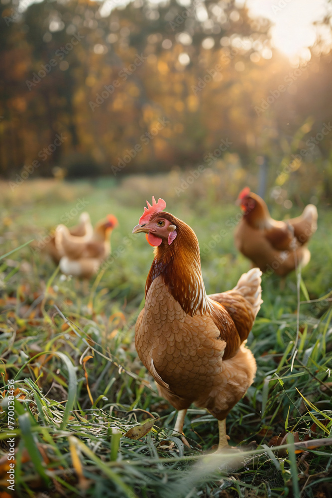 A flock of chickens roam in green paddock. Free range chicken on ...