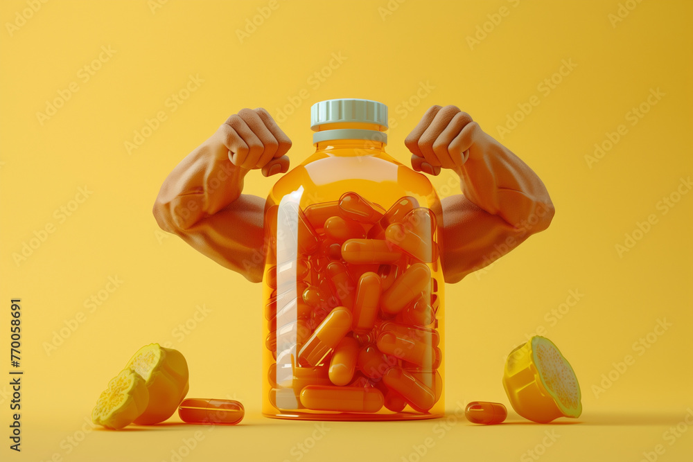 Medical capsules in a jar on a yellow background, the shape of the jar ...