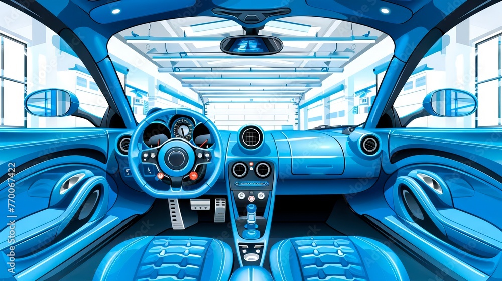 Digital illustration of blue luxury sports car interior with premium ...