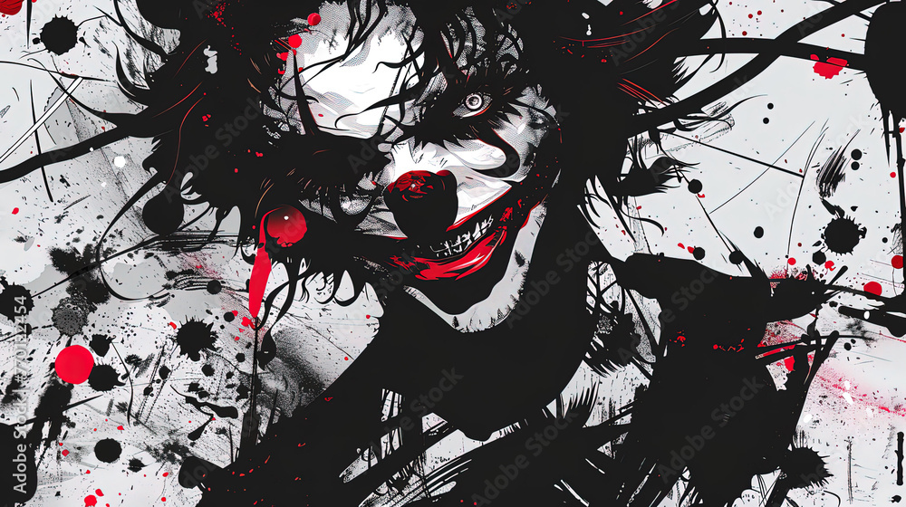 anime clown manga illustration wallpaper, black and white Stock ...