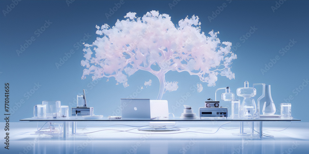 futuristic laboratory with a tree growing on the table,3d rendering ...