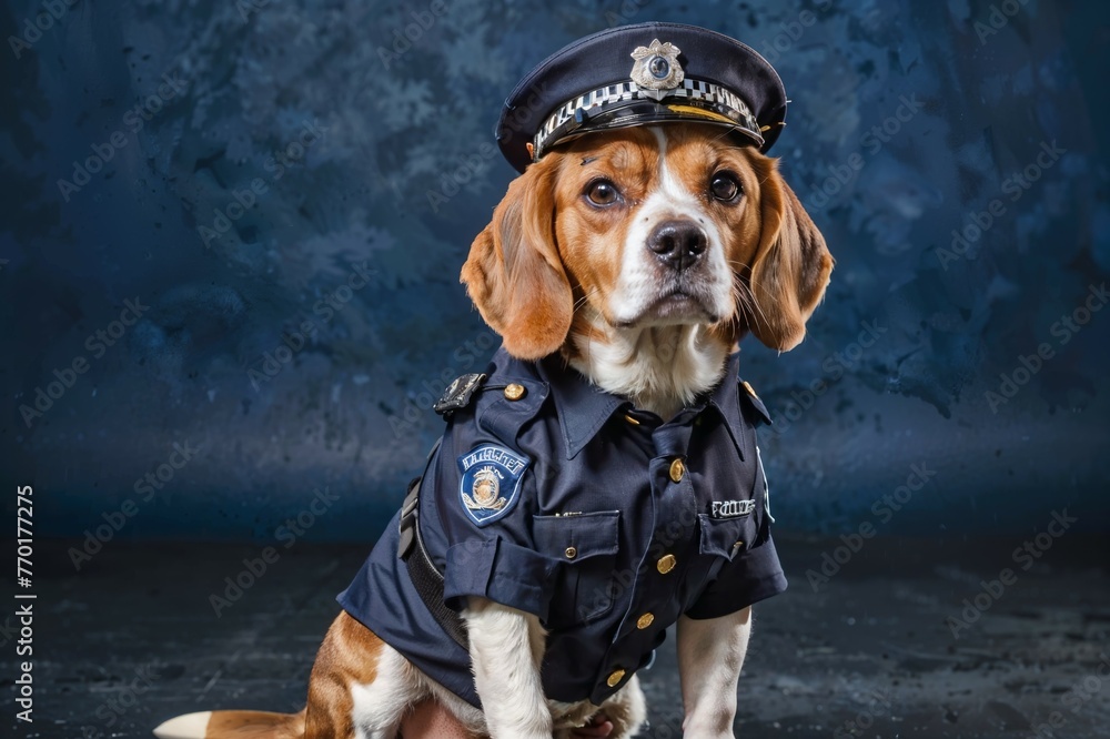 Beagle in a police uniform, standing at attention against a navy blue ...