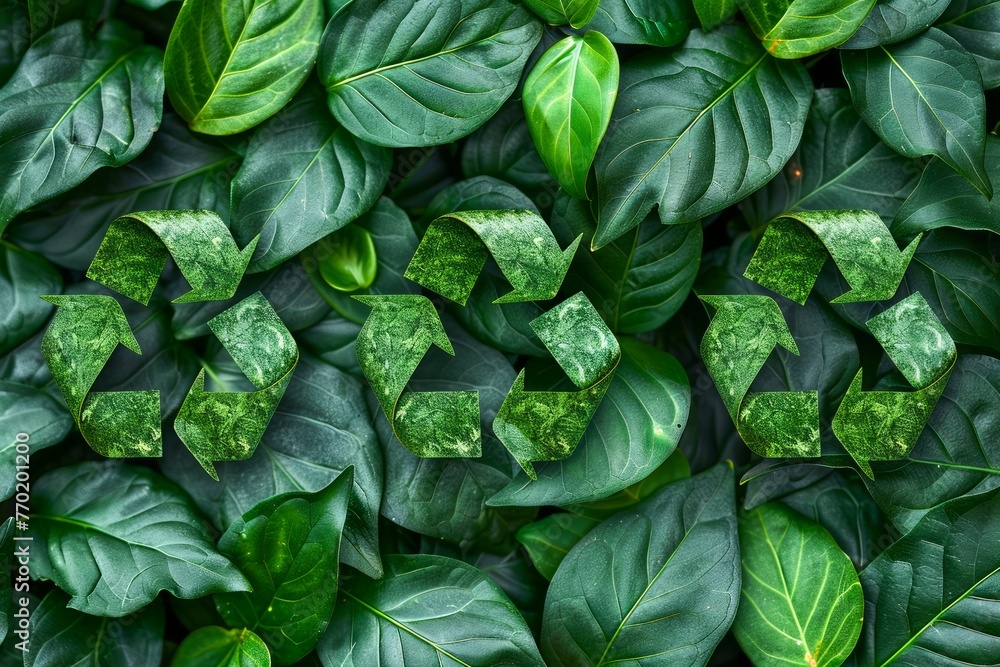 Vibrant Green Leaves Background with Eco Friendly Recycle Symbol ...