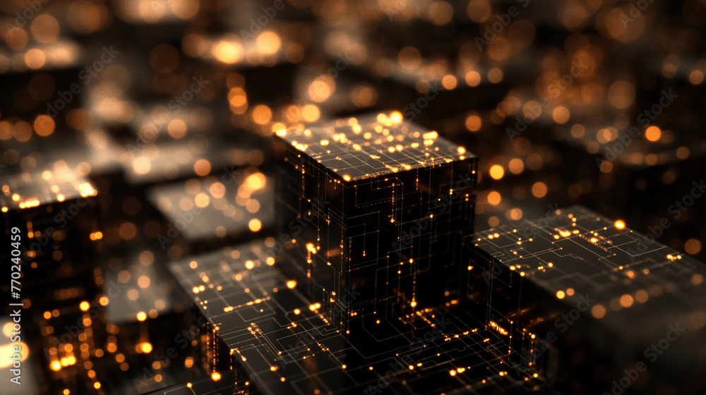 abstract cyber tech background, brown glowing binary circuit lines on ...