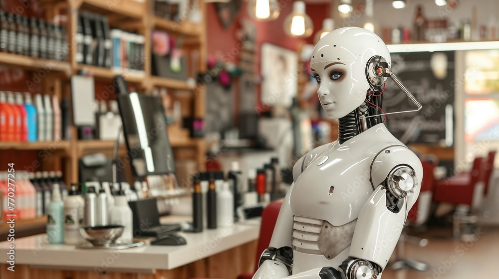 A humanoid robot stylist stands in a trendy hair salon, its sleek white ...