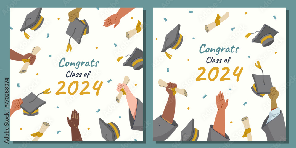 Graduation class of 2024 congratulation square cards. Modern flat ...