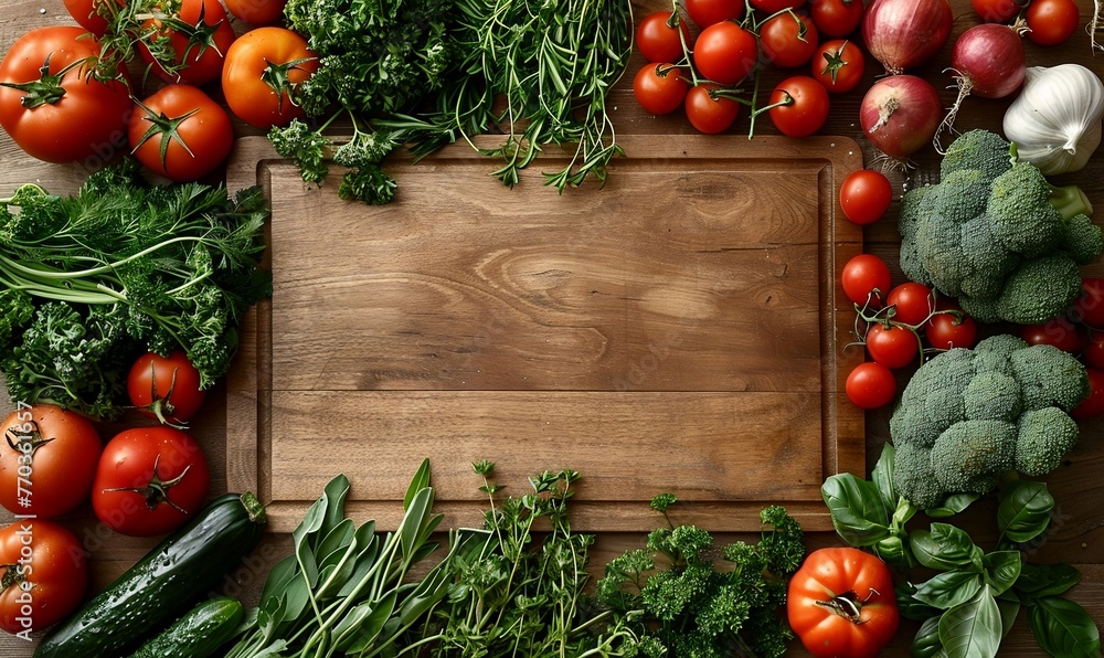 Frame of various vegetables on wooden plank background. Agriculture ...