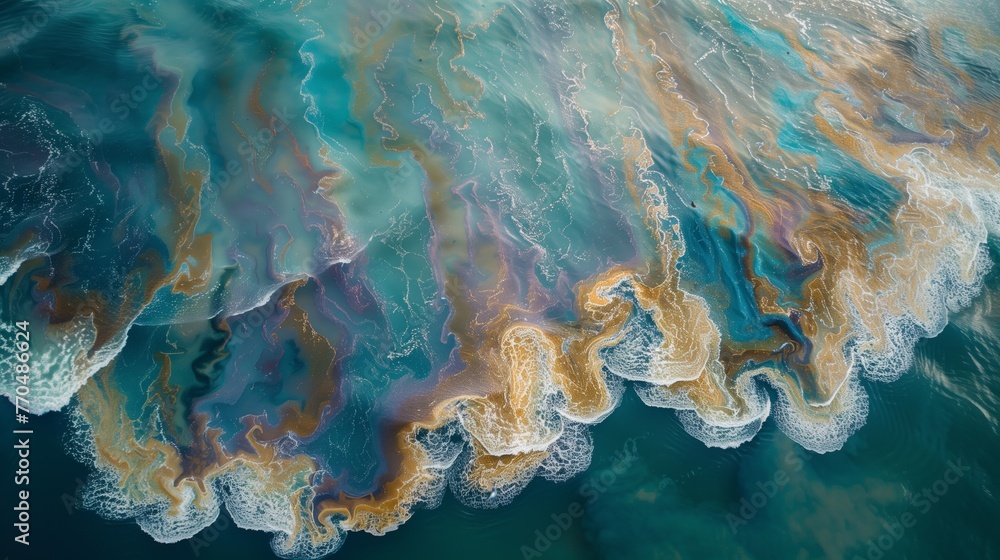 Oil Spill Patterns on Ocean Surface. Aerial view of rainbow-colored oil ...