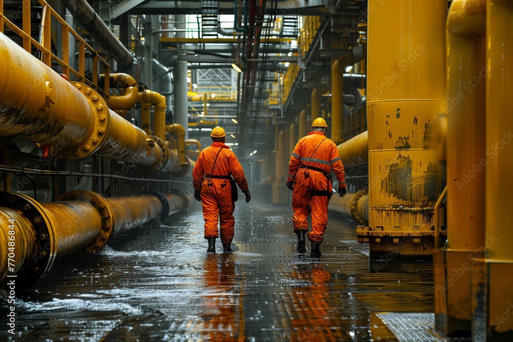 Industrial Workers Patrolling Oil Rig Interior. Two oil rig workers in ...
