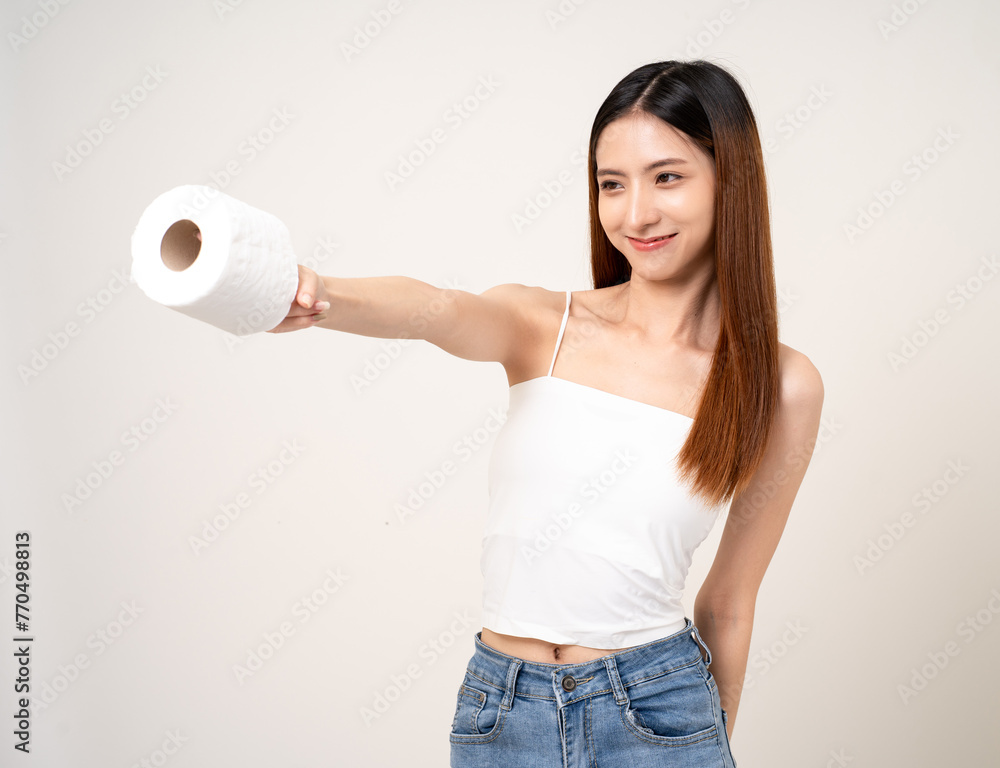 Beautiful young asian woman holding tissue paper go to toilet. Charming ...