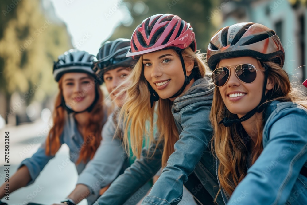 Four radiant women, adorned with helmets and sunglasses, share a moment ...