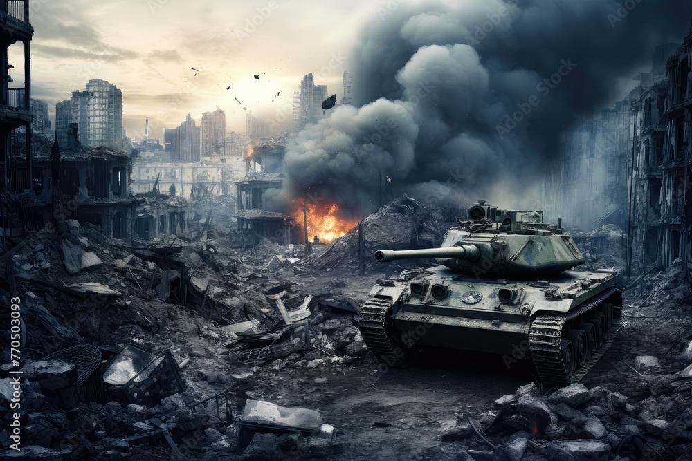 A tank stands tall, looming over a decimated cityscape. Rubble fills ...