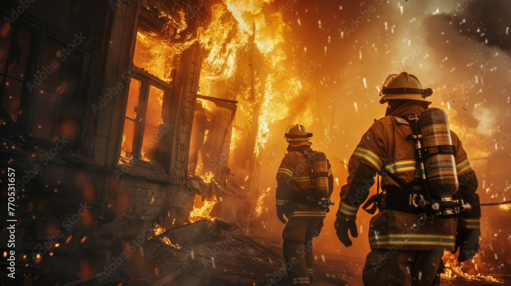 Firefighters rushing into burning building, fighting blaze. Inferno ...