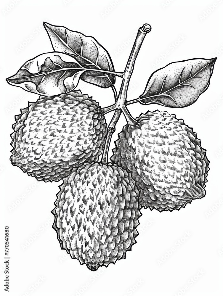 Detailed botanical illustration of a lychee fruit branch. Small, round ...