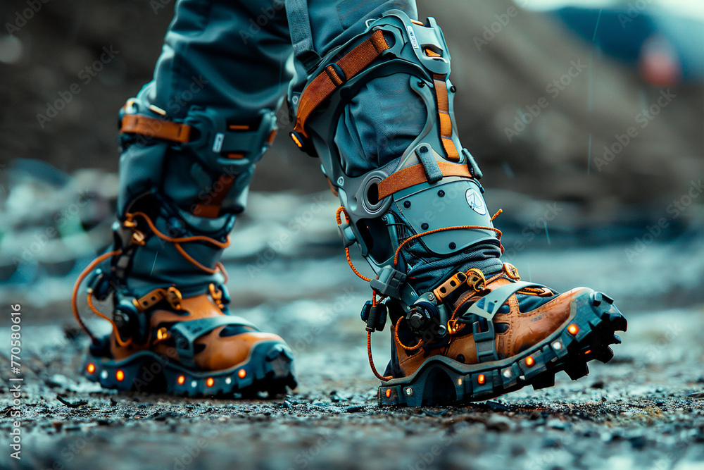 Person feet with a physical disability using an exoskeleton to ...