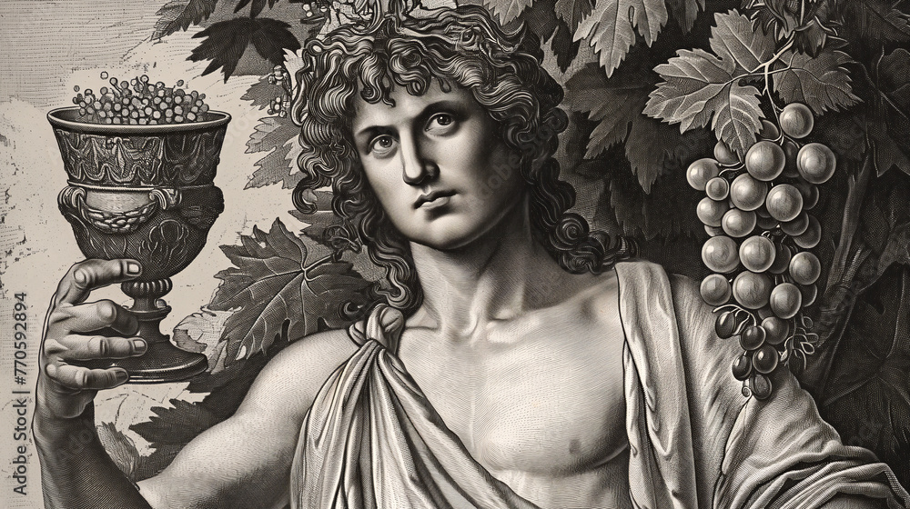 Engraved portrait of Bacchus the Roman god of wine who's father was ...