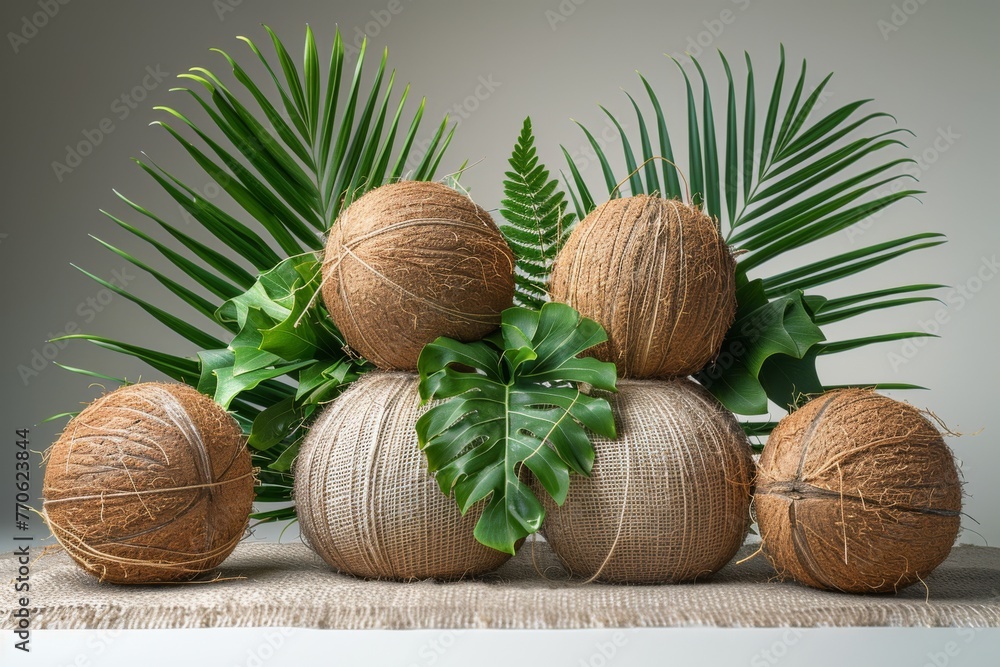 Eco-friendly coconut fiber products displayed with whole coconuts and a ...
