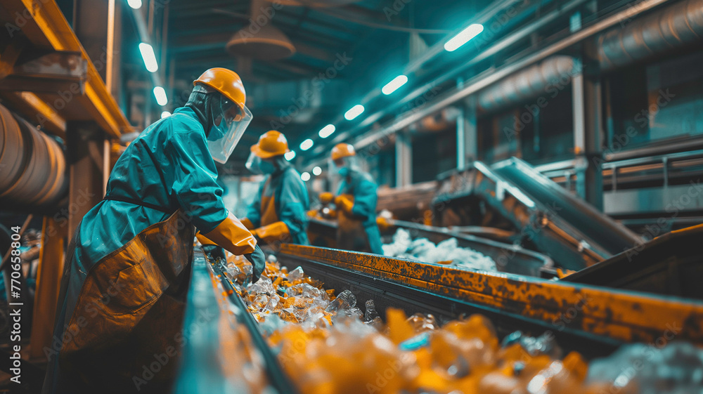 Workers sort recyclables on the conveyor of a modern waste and garbage recycling enterprise ...